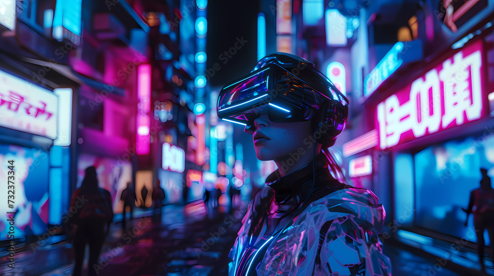 Beautiful women wearing Virtual Reality Headset in a Cyberpunk ...