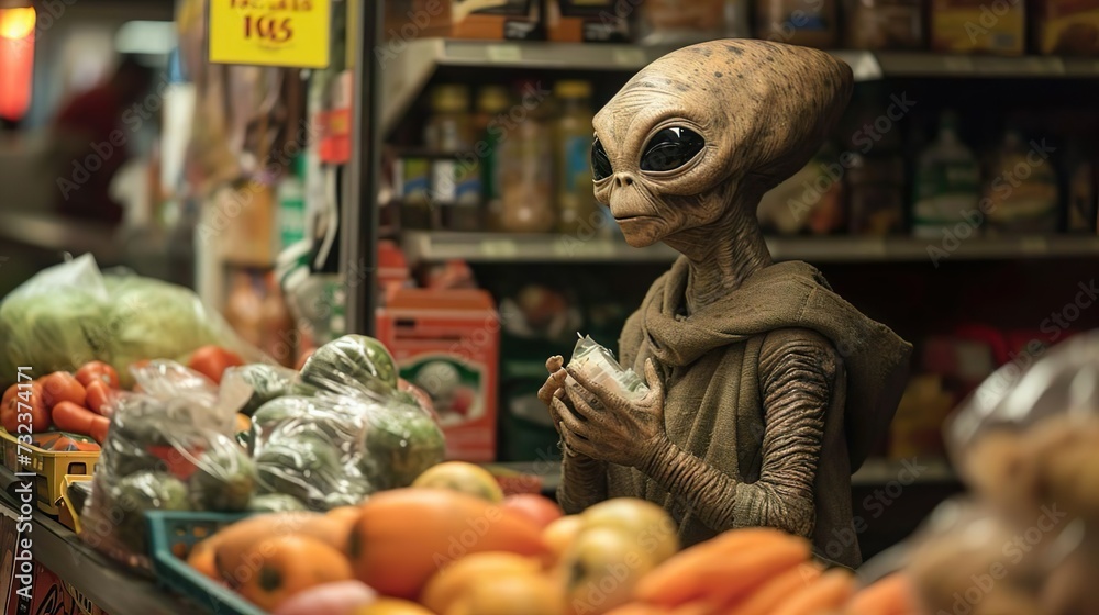 The smiling green alien in the grocery store chooses healthy vegetables ...