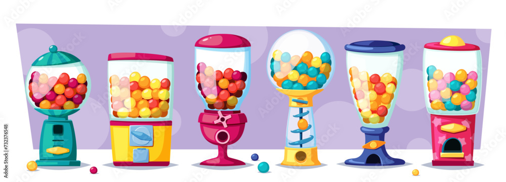 Gumball machine. kids sweets glass capsule dispenser, colorful cartoon ...