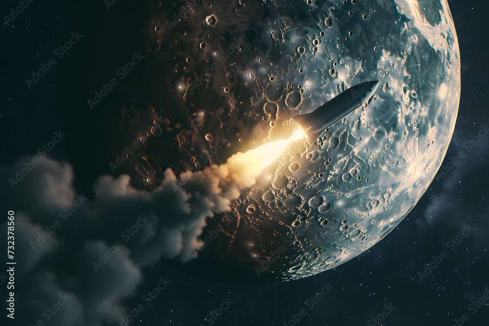 Rocket flying into space to the moon with flames and smoke at the back ...