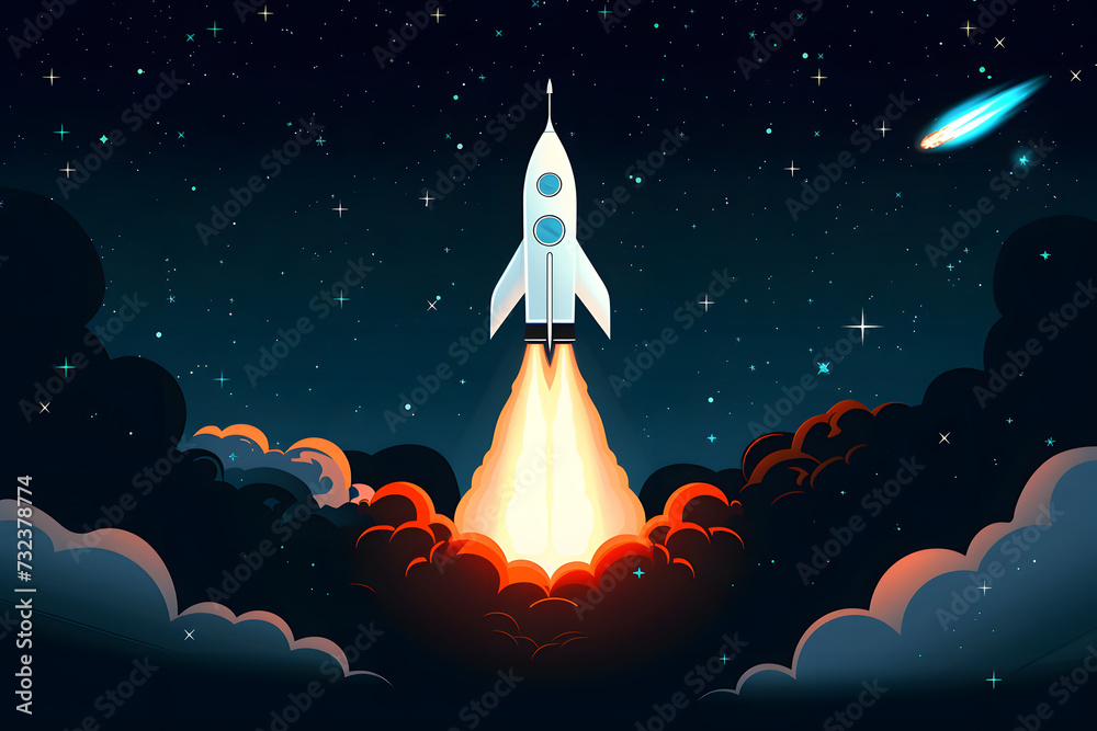 Rocket flying into space with flames and smoke at the back, rocket ...