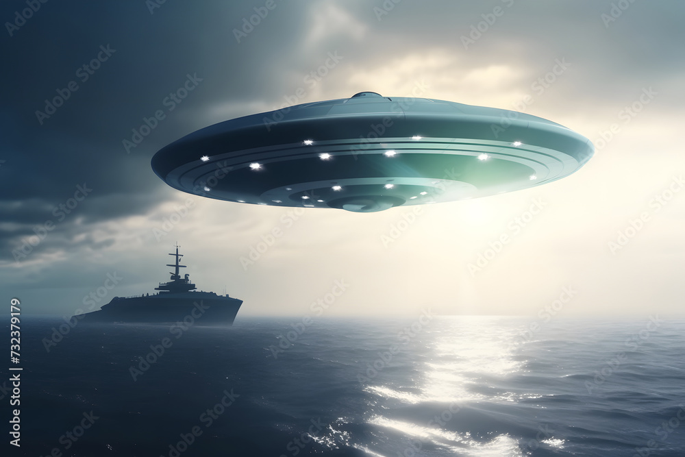 UFO flies over sea towards merchant vessel for abduction. Flying saucer ...
