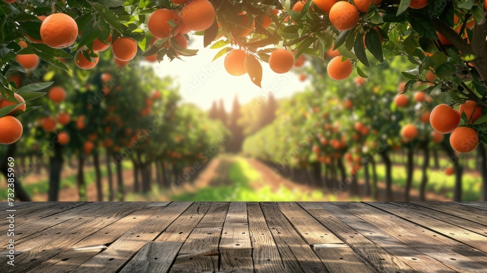 Empty wood table with free space over orange trees, orange field ...