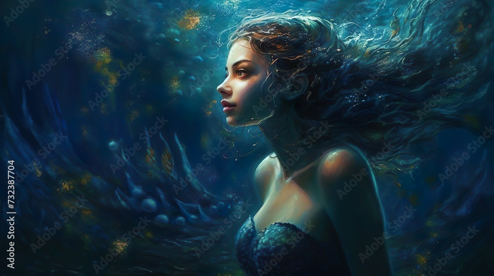 Beautiful mermaid siren of the sea with long curly hair. The mermaid ...