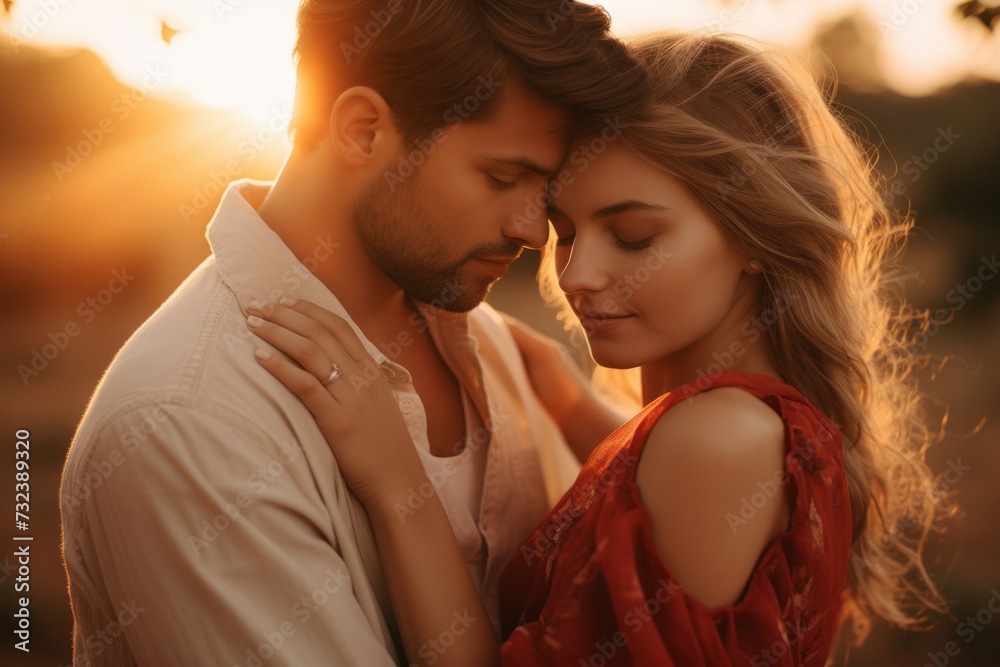 Romantic couple embracing during golden hour. Intimate relationship and ...