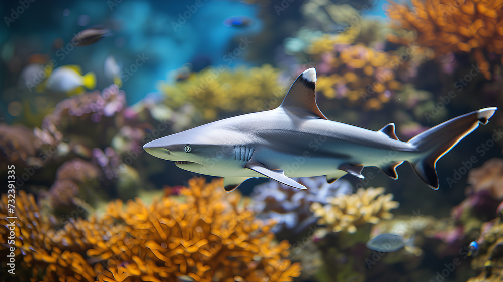 Grey shark in fish tank, sleek body gliding through the water Stock ...