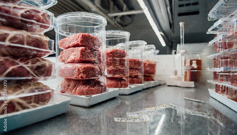 lab-grown meat samples, packaged and market-ready, created in modern ...
