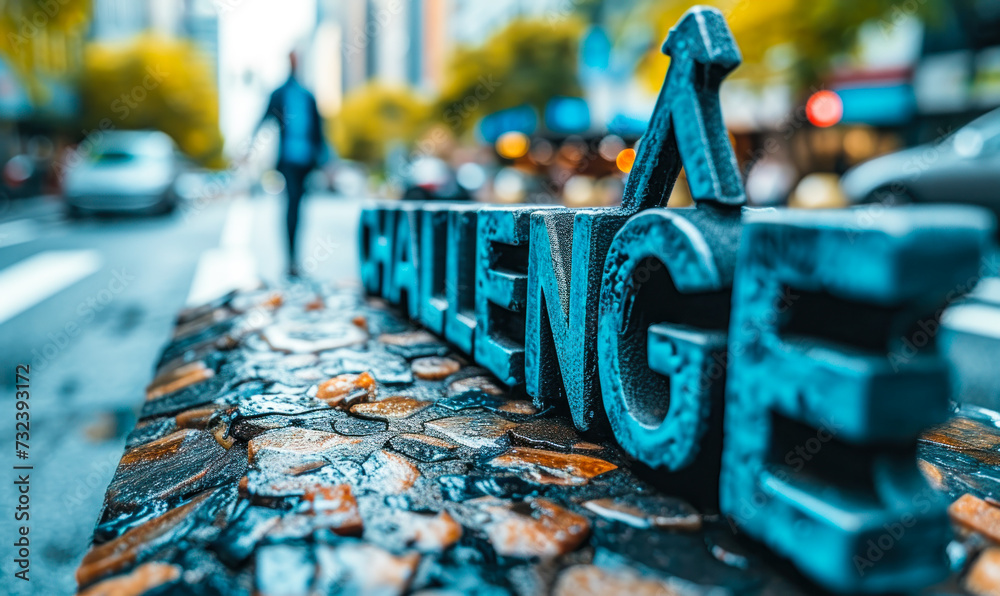 Figure overcoming a challenge depicted by rising arrow and CHALLENGE ...