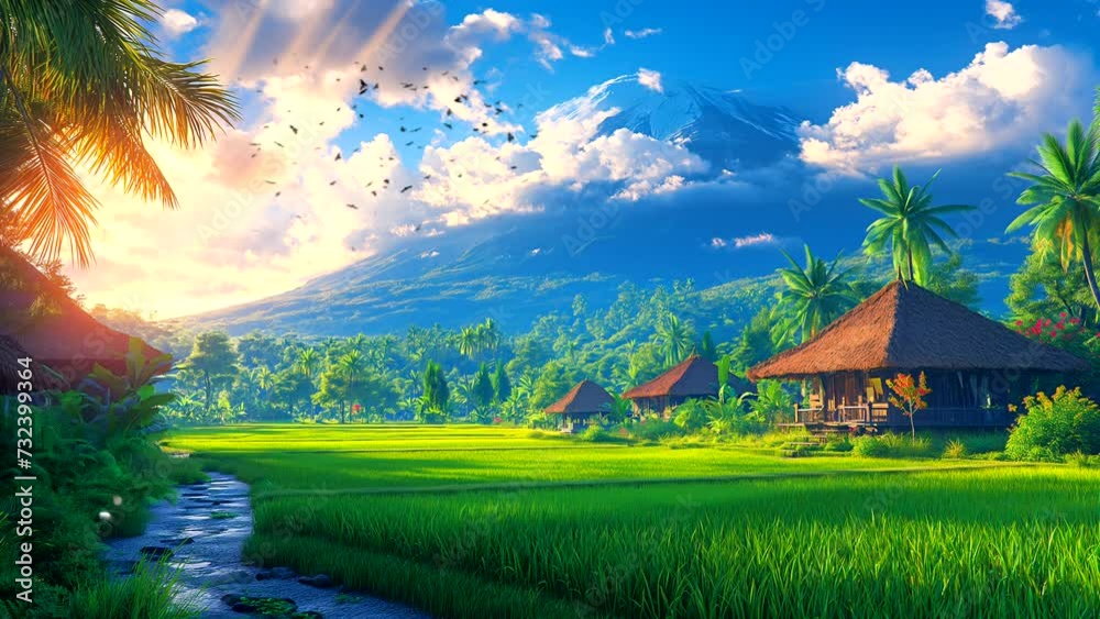 beautiful rice field view with wooden gazebo. Seamless looping 4k time ...