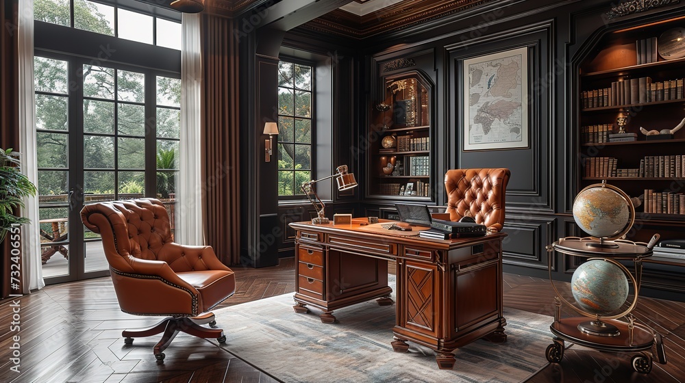 A stately home office with rich wooden paneling, leather armchair, and ...