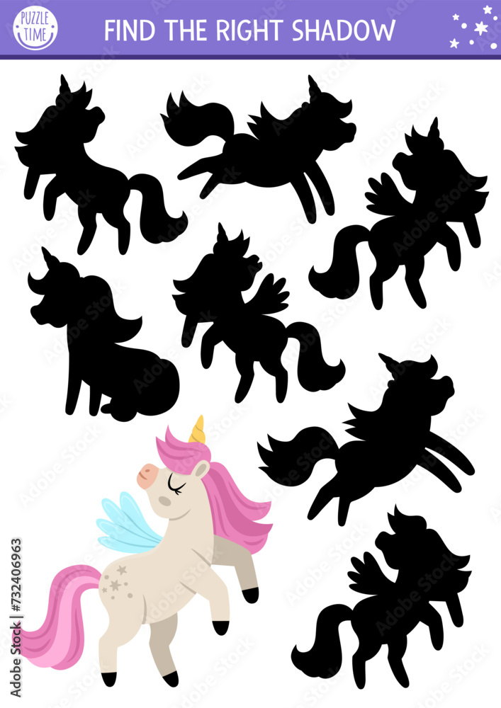Unicorn shadow matching activity with cute horse with horn, pink mane ...