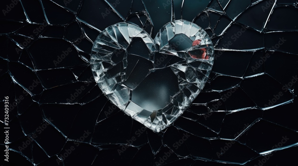 A broken glass window with a broken heart symbol on it. This image can ...