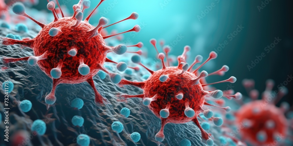 A close up view of a bunch of red and blue viruses. This image can be ...