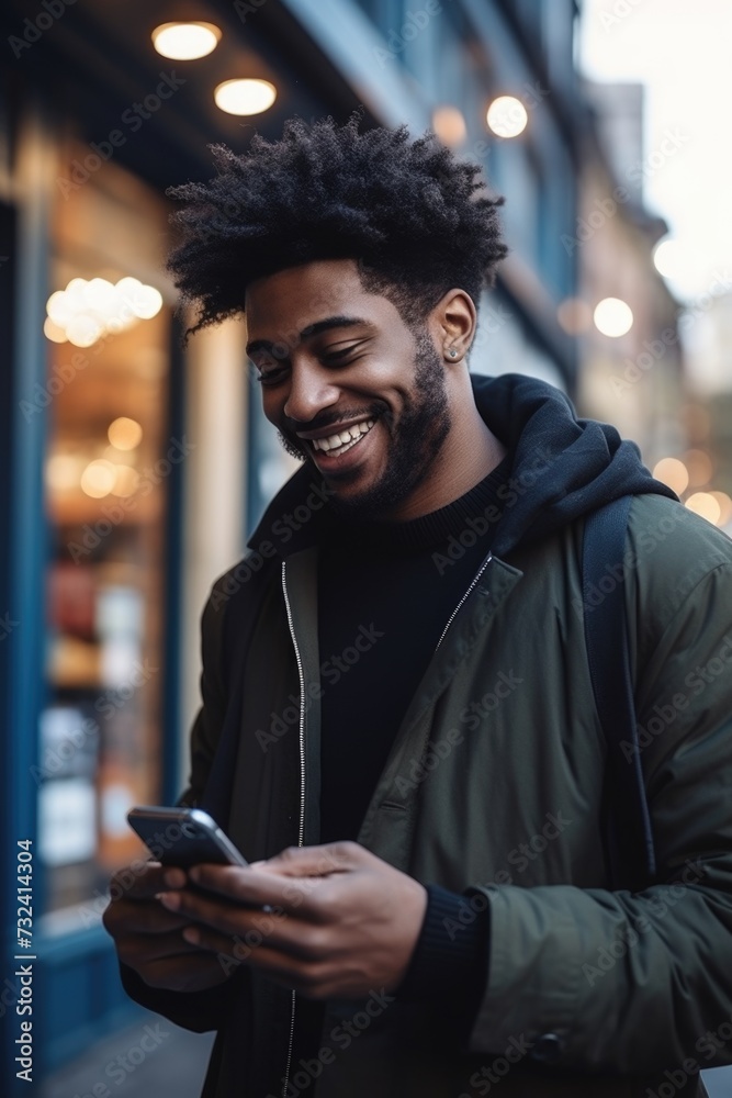 A young man with a smile on his face while looking at his cell phone ...