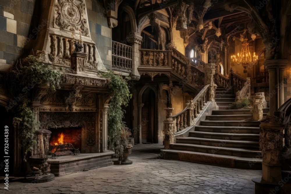 Ancient Old castle inside. Budapest interior palace. Generate Ai Stock ...
