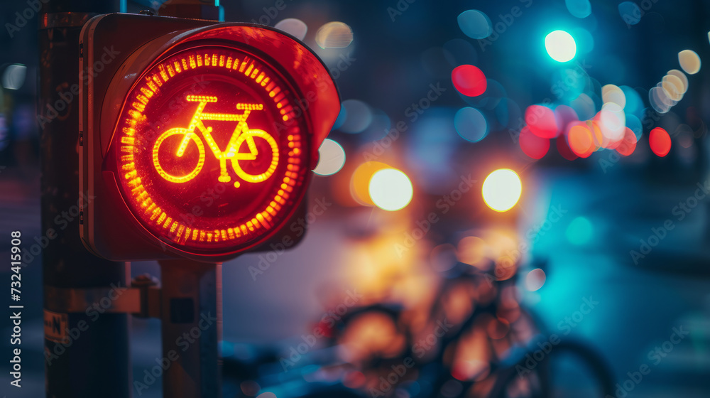 Red light sign for bicycle at night in city lane street , forbid bike ...