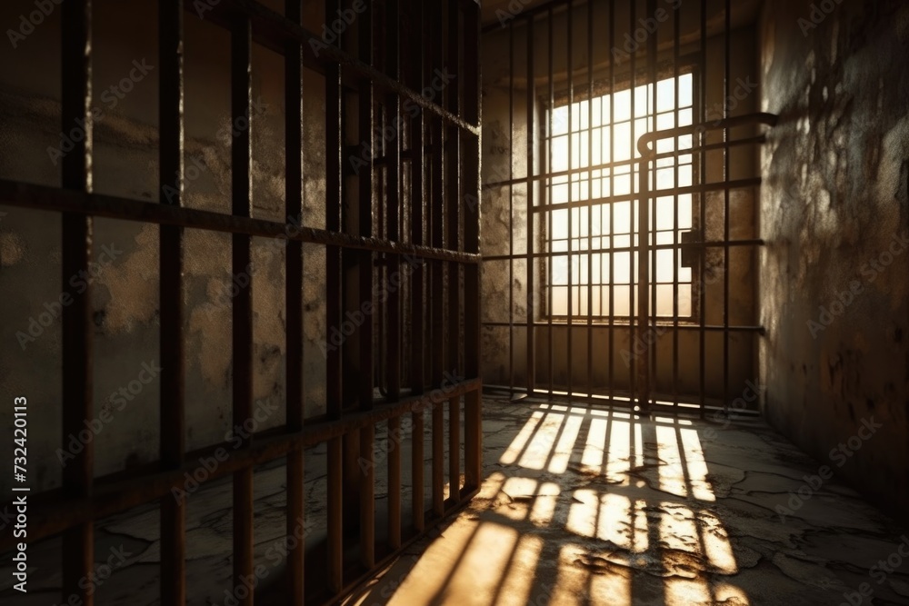 A jail cell with sunlight streaming through the bars. Suitable for crime-related themes or ...