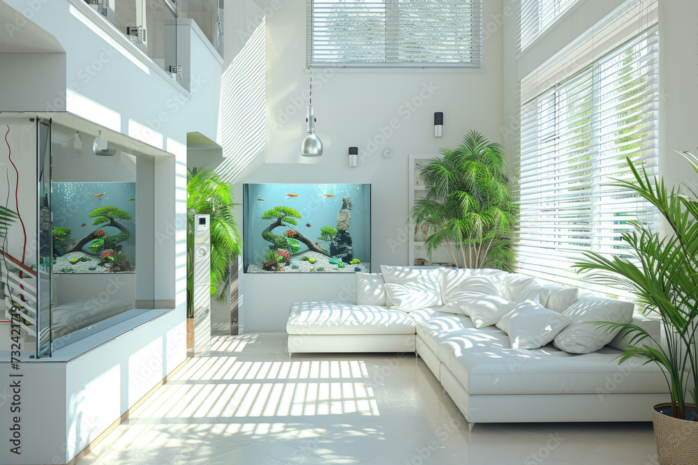 Light spacious living room with white and colorful interior, a aquatic ...