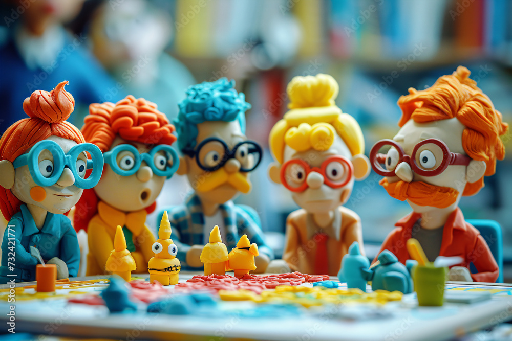 Clay animated characters in a brainstorming session on a game board ...