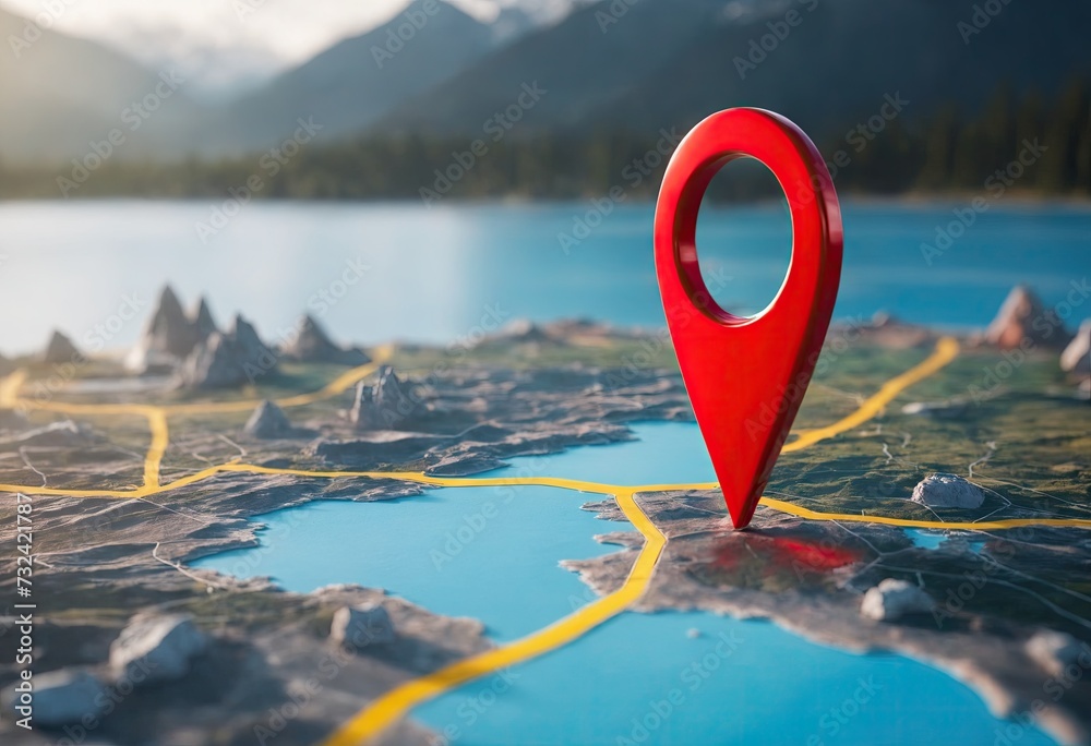 Close-up of digital landscape map with destination red pin marked goal ...