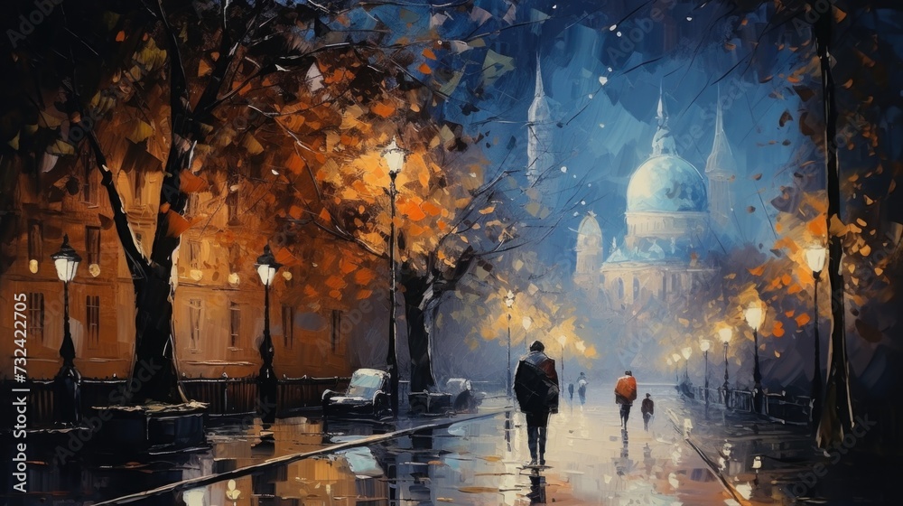 A painting depicting people walking down a street at night. Perfect for ...