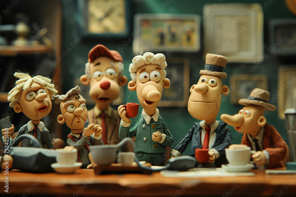 Animated clay figures in an office coffee break scene. Clay crafted ...