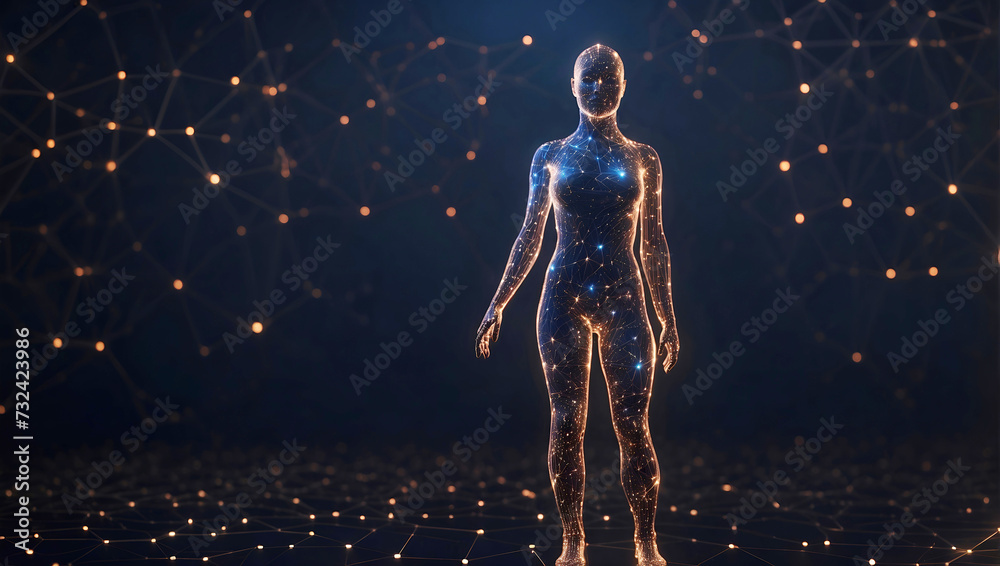 Virtual woman made of glowing geometric pattern and a man holding hand ...