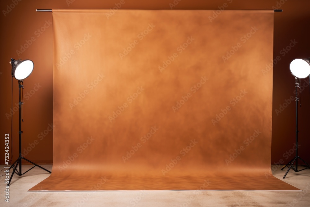 A professional photo studio setup with three lights and a brown ...