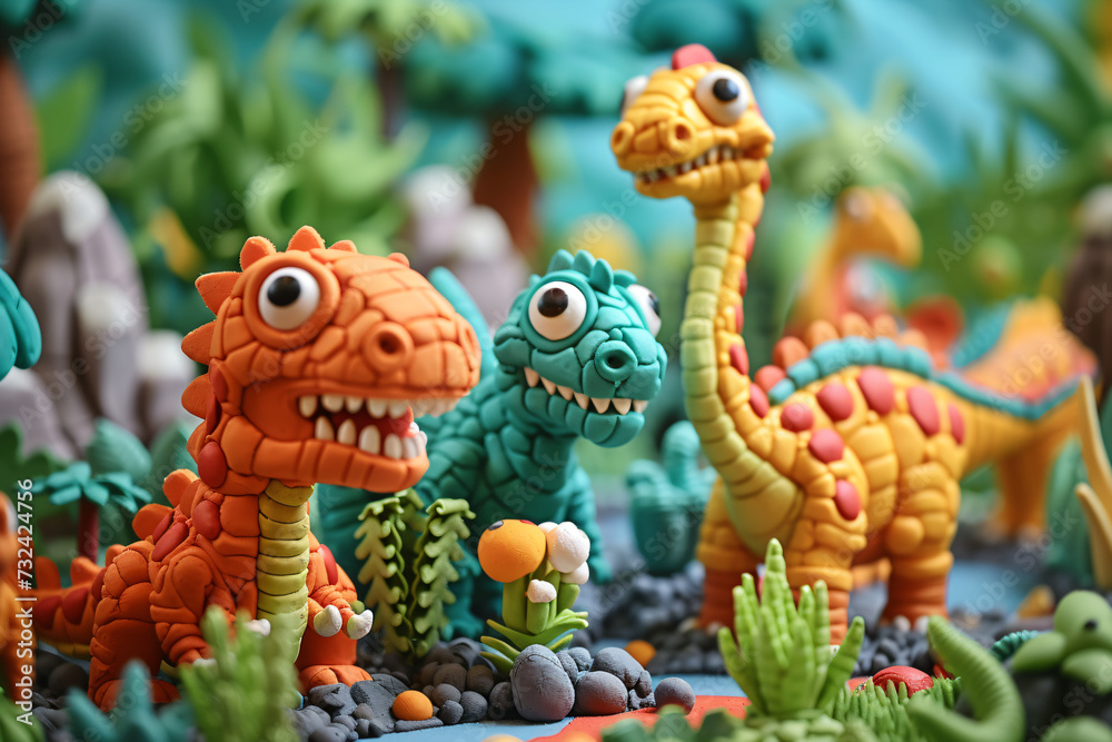 Clay dinosaurs in a vivid Jurassic landscape. Handcrafted prehistoric ...