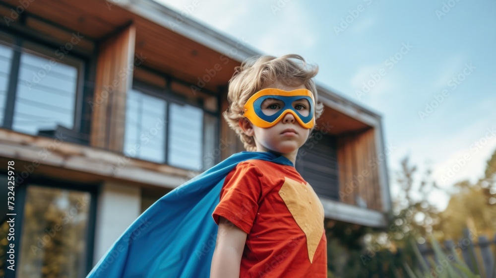 Young boy in superhero costume with blue cape and orange shirt wearing ...