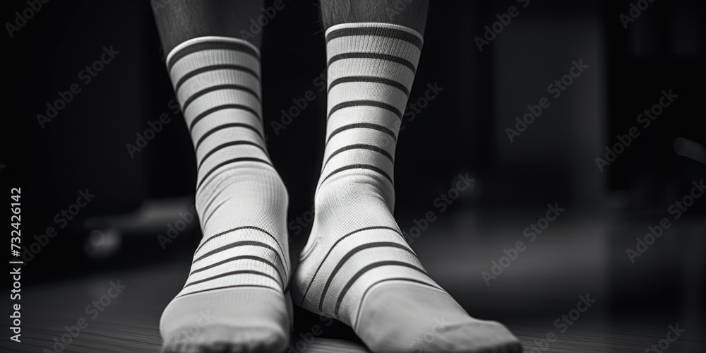 A close-up image of a person's feet wearing white socks with black ...