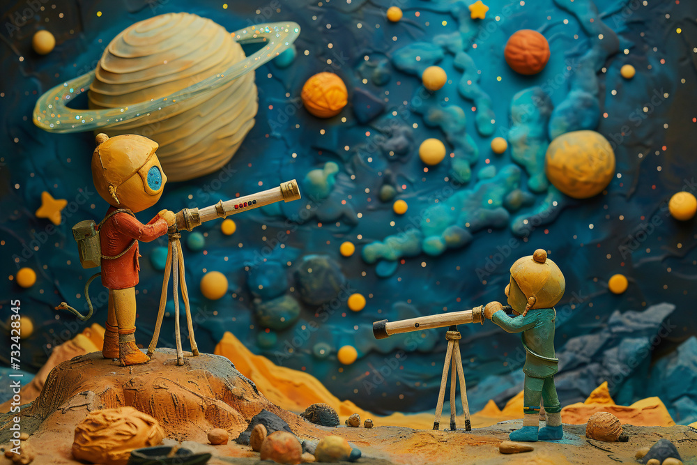 Clay figures in astronaut suits using telescopes. Imaginative space ...