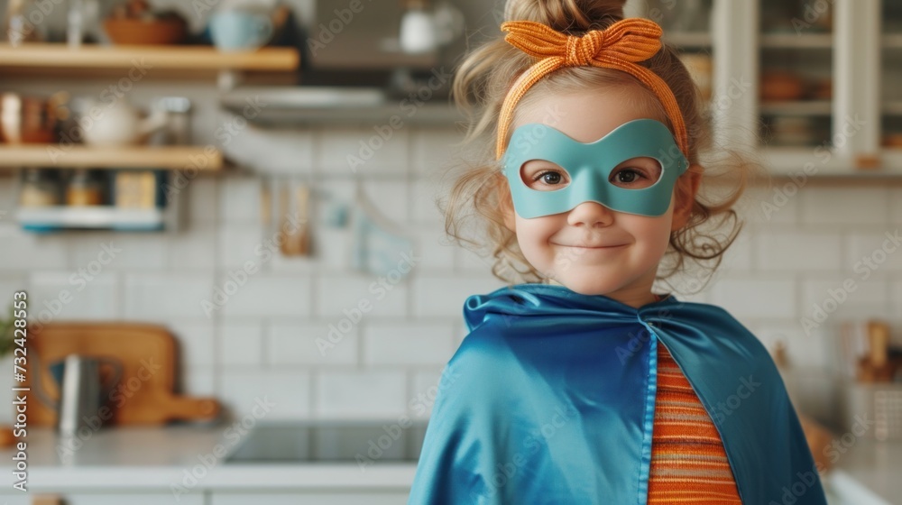 Young girl in superhero costume with blue mask and cape smiling in ...