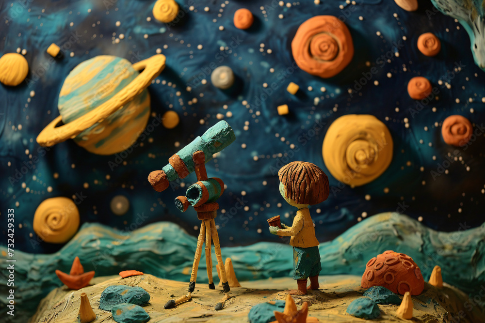 Clay figures exploring planetary surfaces with a telescope. Colorful ...