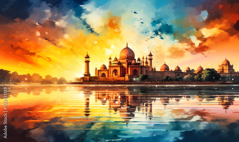 Watercolor Painting of India Gate and Vibrant Sunset Sky Reflected in ...