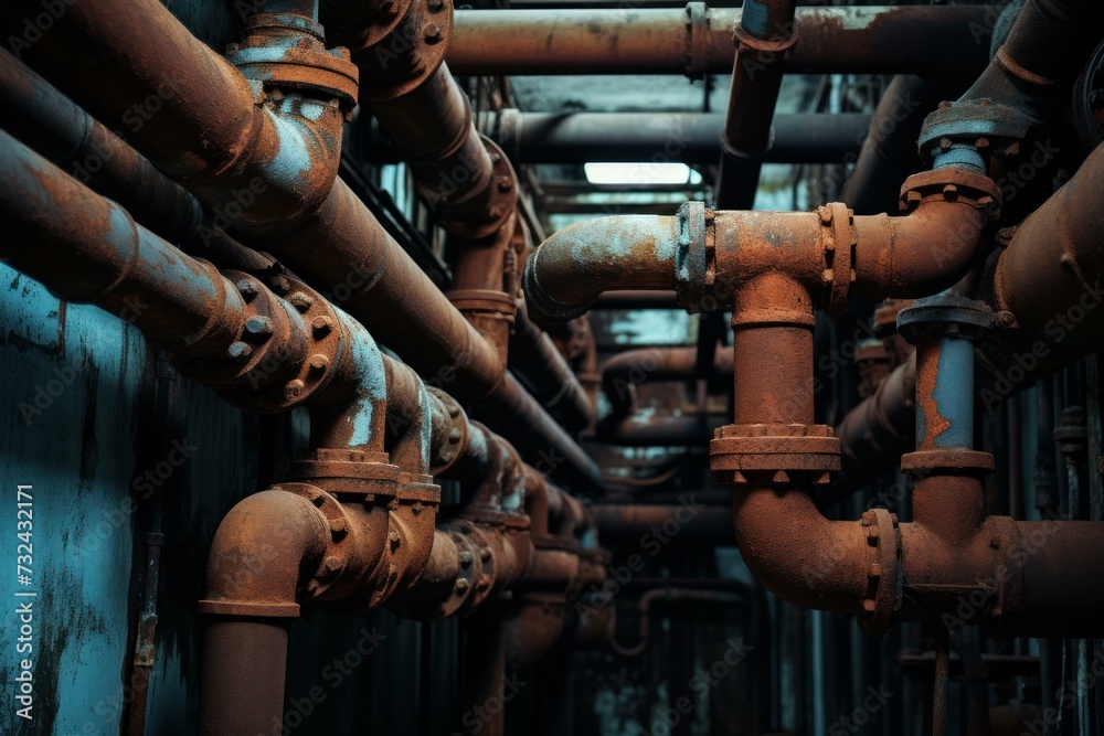 Abandoned Stack of rusty orange pipes. Old rusted steel industrial ...