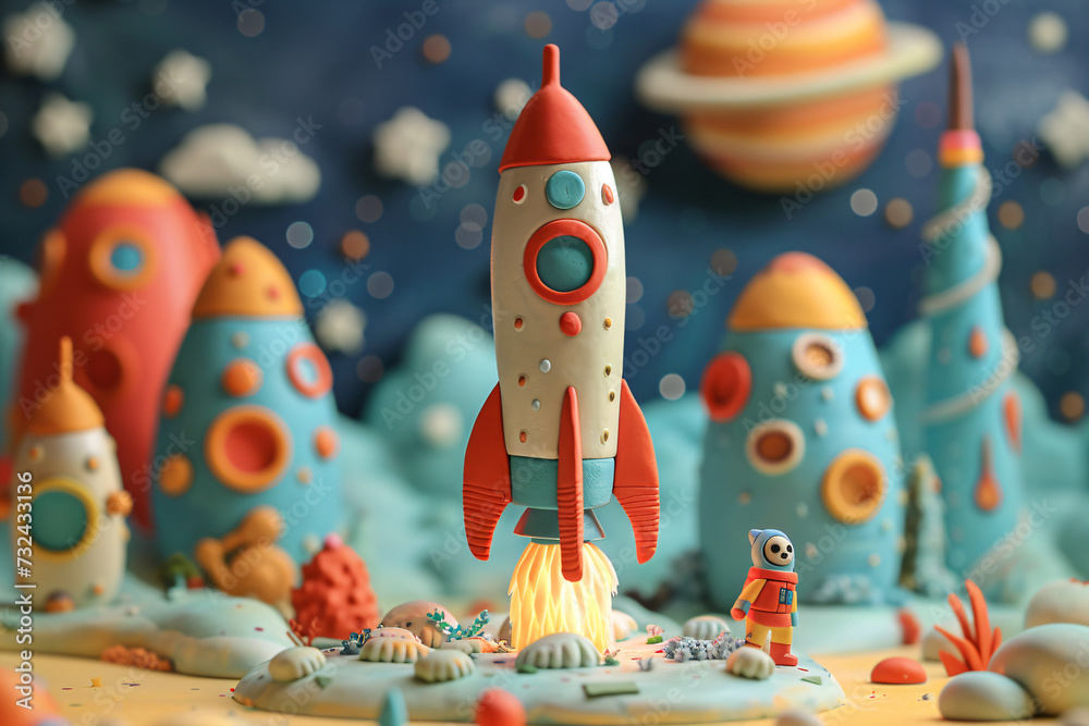 Claymation rocket launch on a sculpted alien landscape with orange ...