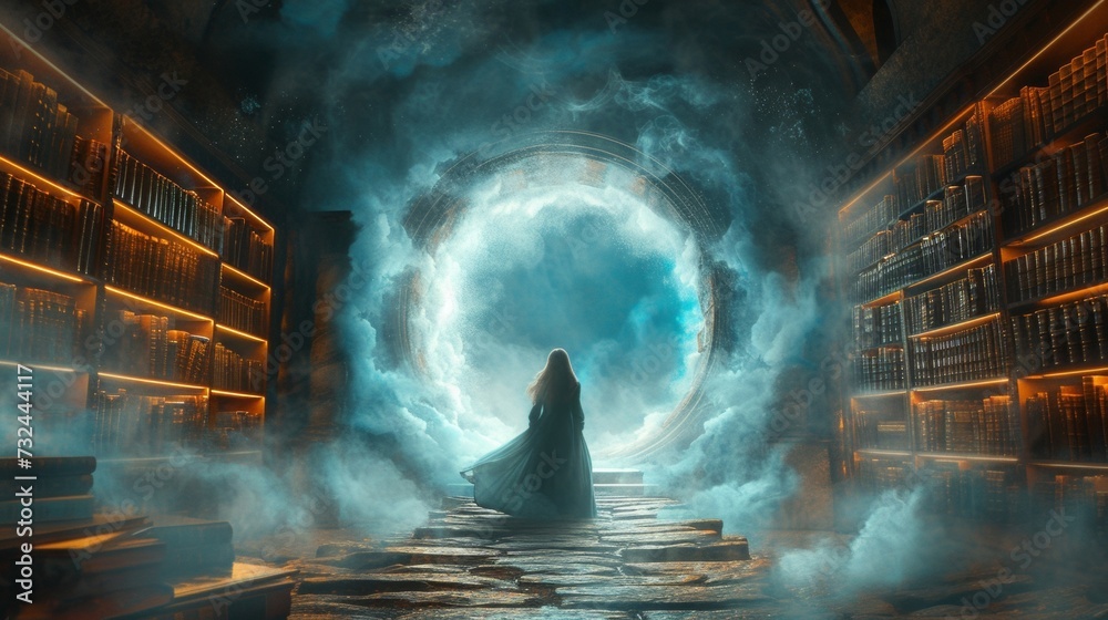 Enter the grand library where each glowing book on the misty shelf is a ...