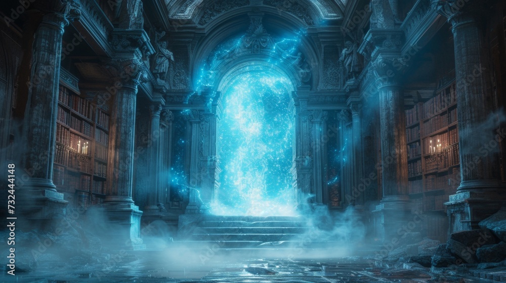 Enter the grand library where each glowing book on the misty shelf is a ...