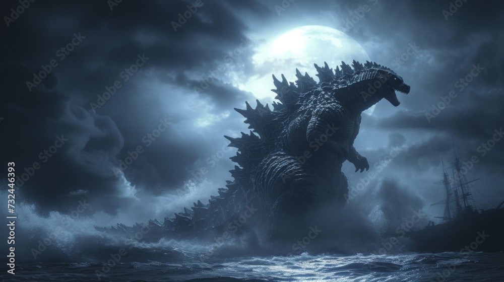 As the full moon casts its eerie glow, Godzilla rises from the depths ...