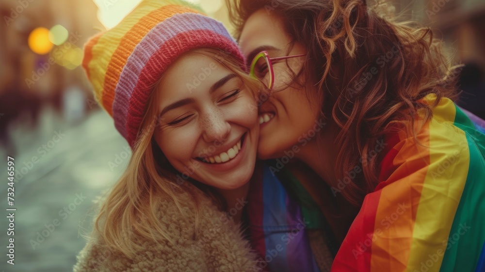 Two women share a passionate kiss, their love on display as they wave ...