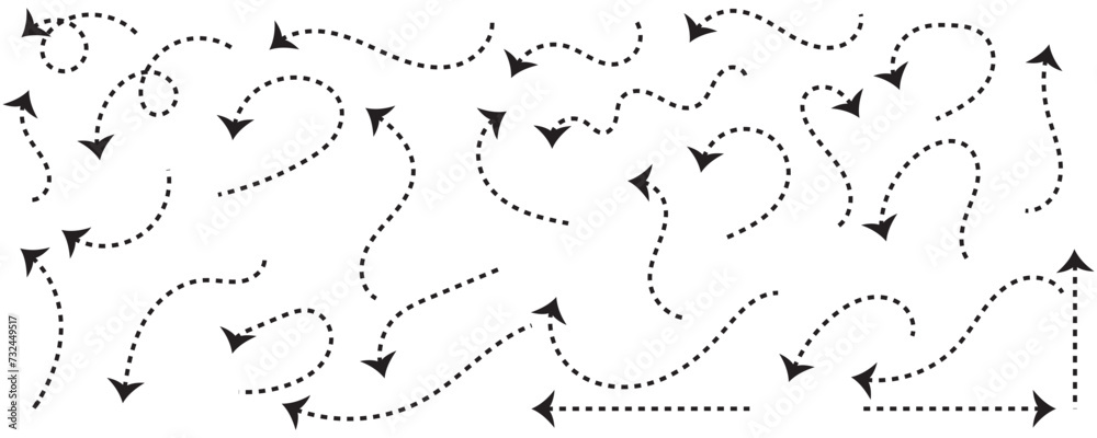 Set of black dotted arrows in doodle style. Broken arrows in the form ...