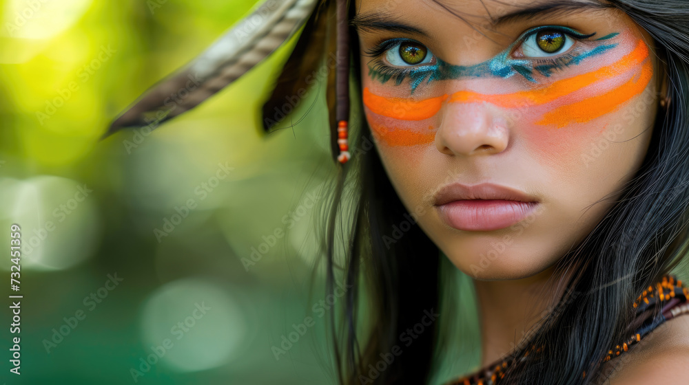 Beautiful young indigenous woman with feathers on her head and paint on ...