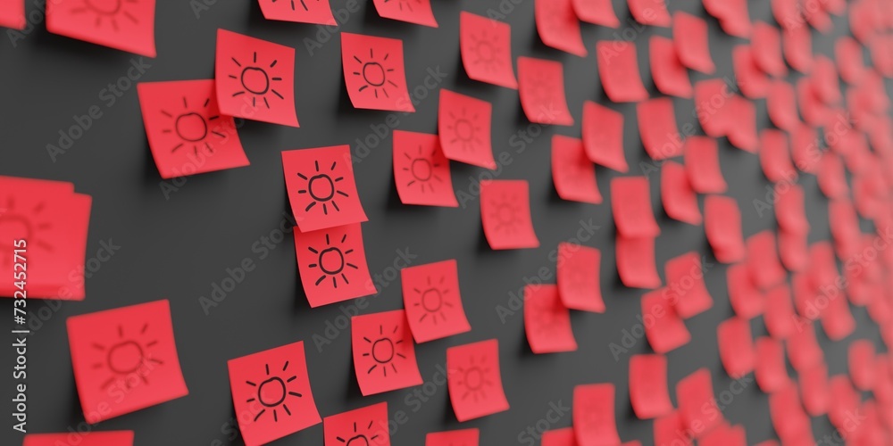 Many red stickers on black board background with sun symbol drawn on ...