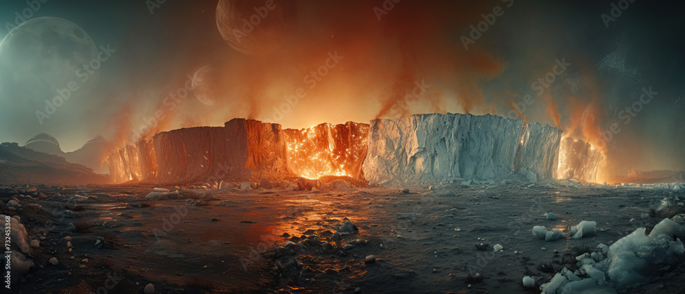 Concept illustration on global warming and climate change with a large ...