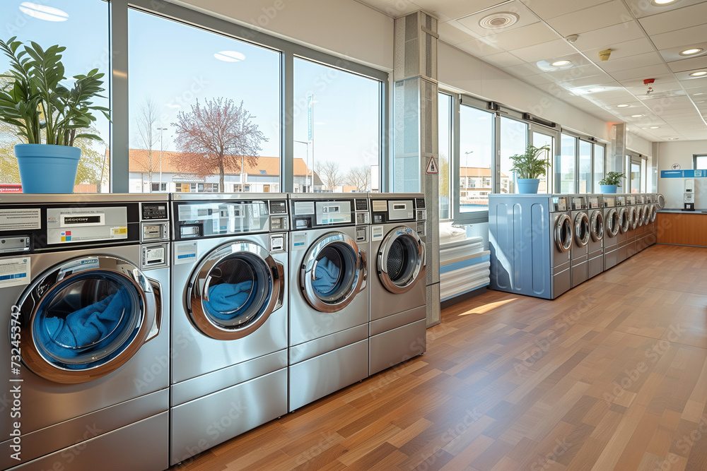Washing Machines : Modern Laundromat Interior with Row of Washing ...