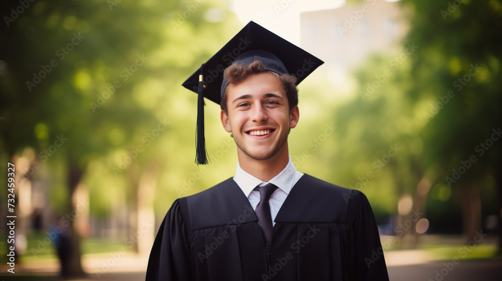 Happy white man student in graduation attire with blur background ...