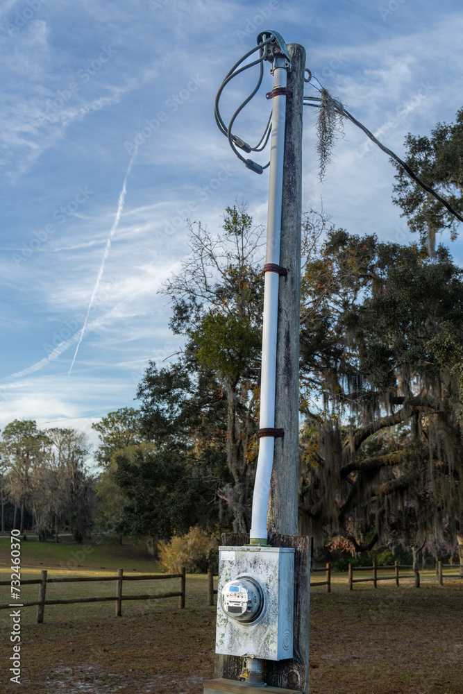 A rural electric weatherproof service drop entry point with a rate ...