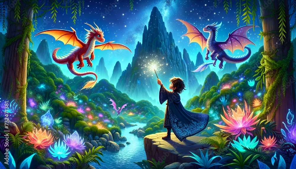 Enchanted Night: Young Mage Teaching Dragons to Fly in a Magical Realm ...