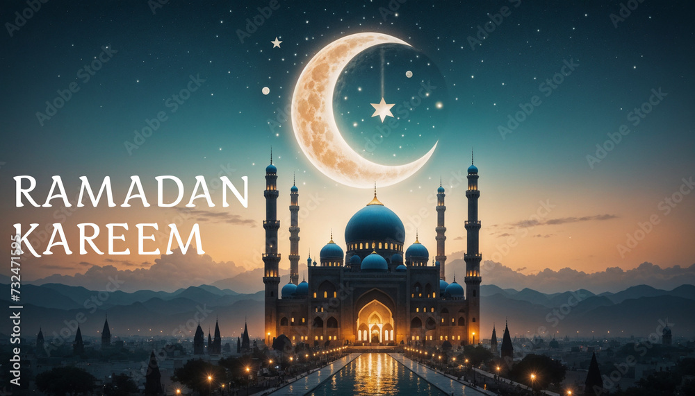 Ramadan celebration poster with text Ramadan Kareem. Grand mosque with ...